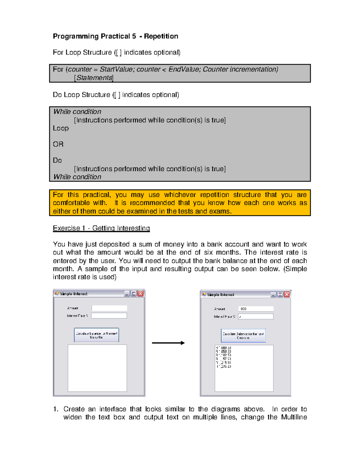 Programming Practical 05 - For Loop Structure ([ ] indicates optional ...