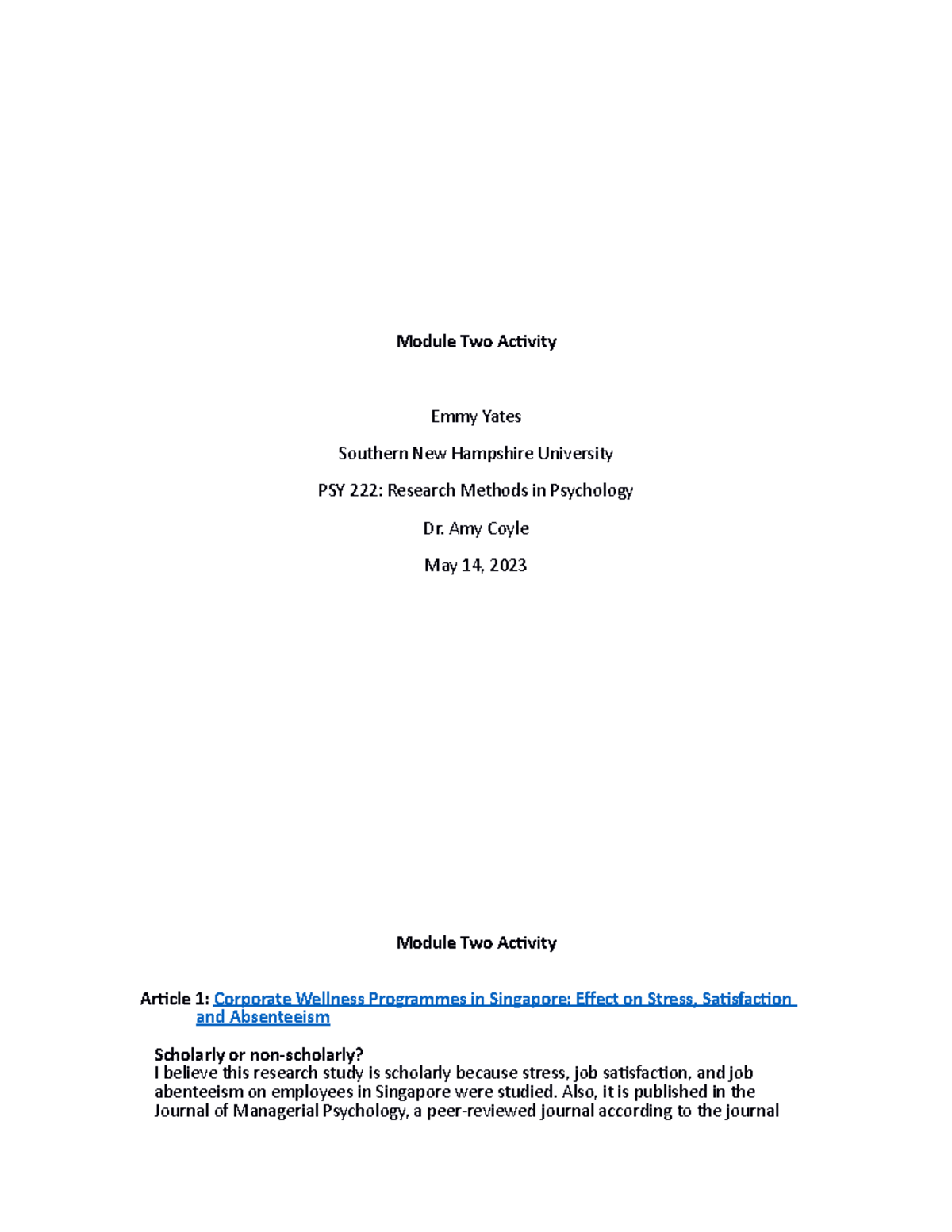 PSY222 Module Two Activity - Module Two Activity Emmy Yates Southern ...