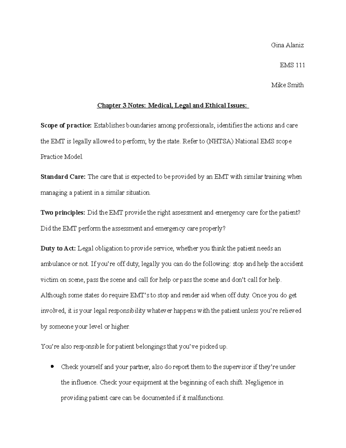 Chapter 3; Ethical legal and Moral duty of EMT - Gina Alaniz EMS 111 ...