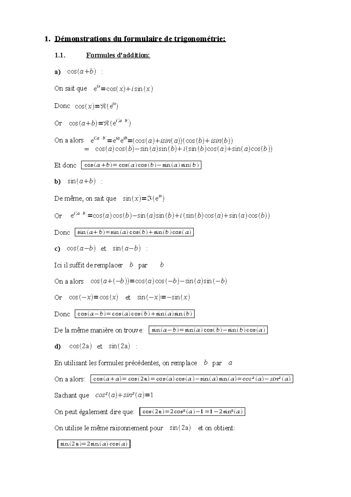 Démonstration formules trigo - 1. Démonstrations du formulaire de ...