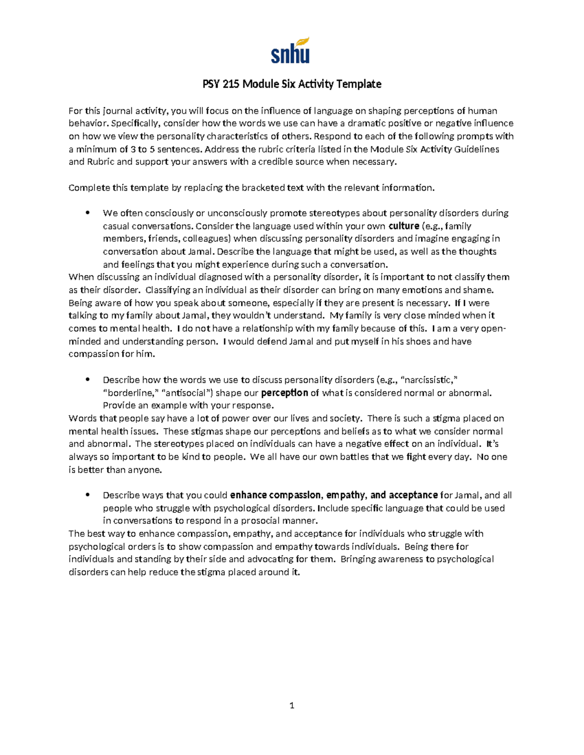Module 6 Journal - PSY 215 Module Six Activity Template For this ...