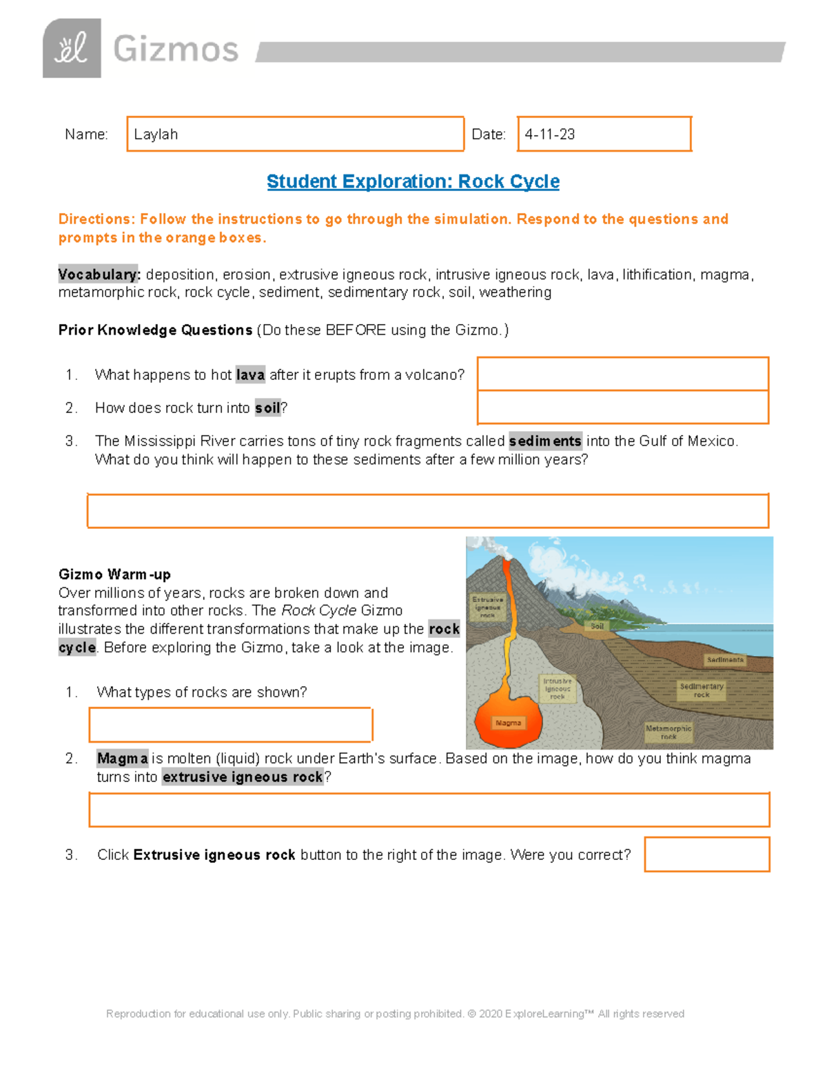 Laylah Speer - Rock Cycle SE - Name: Laylah Date: 4-11- Student ...