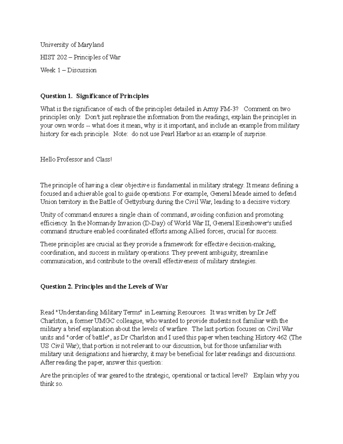 Week 1 Discussion - University of Maryland HIST 202 – Principles of War ...
