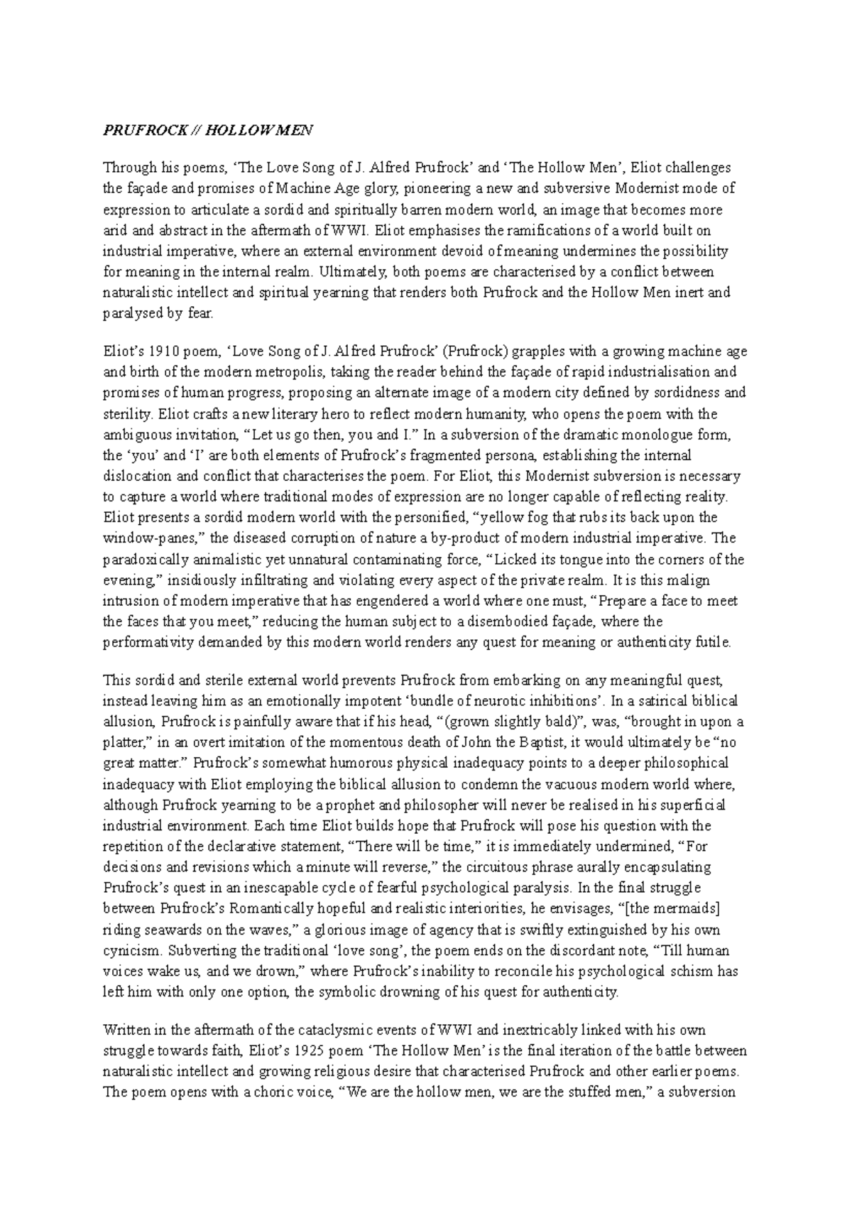 Ella h prufrock hollow men essay - PRUFROCK // HOLLOW MEN Through his ...