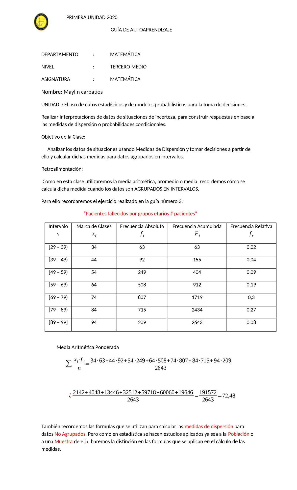 Matematicas maylin - Estudien - ####### PRIMERA UNIDAD 2020 ...