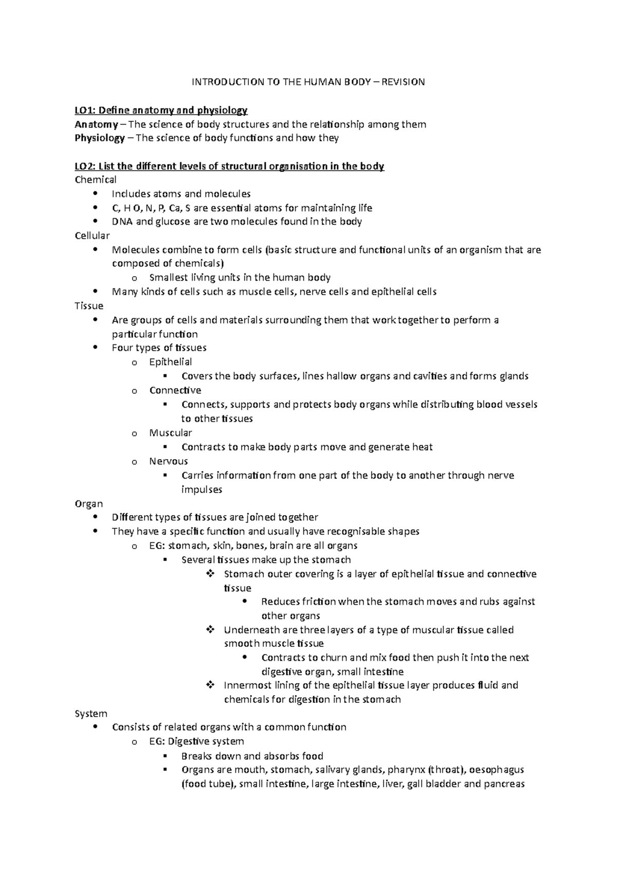 HBA topic 1 to 7 notes - INTRODUCTION TO THE HUMAN BODY – REVISION LO1 ...