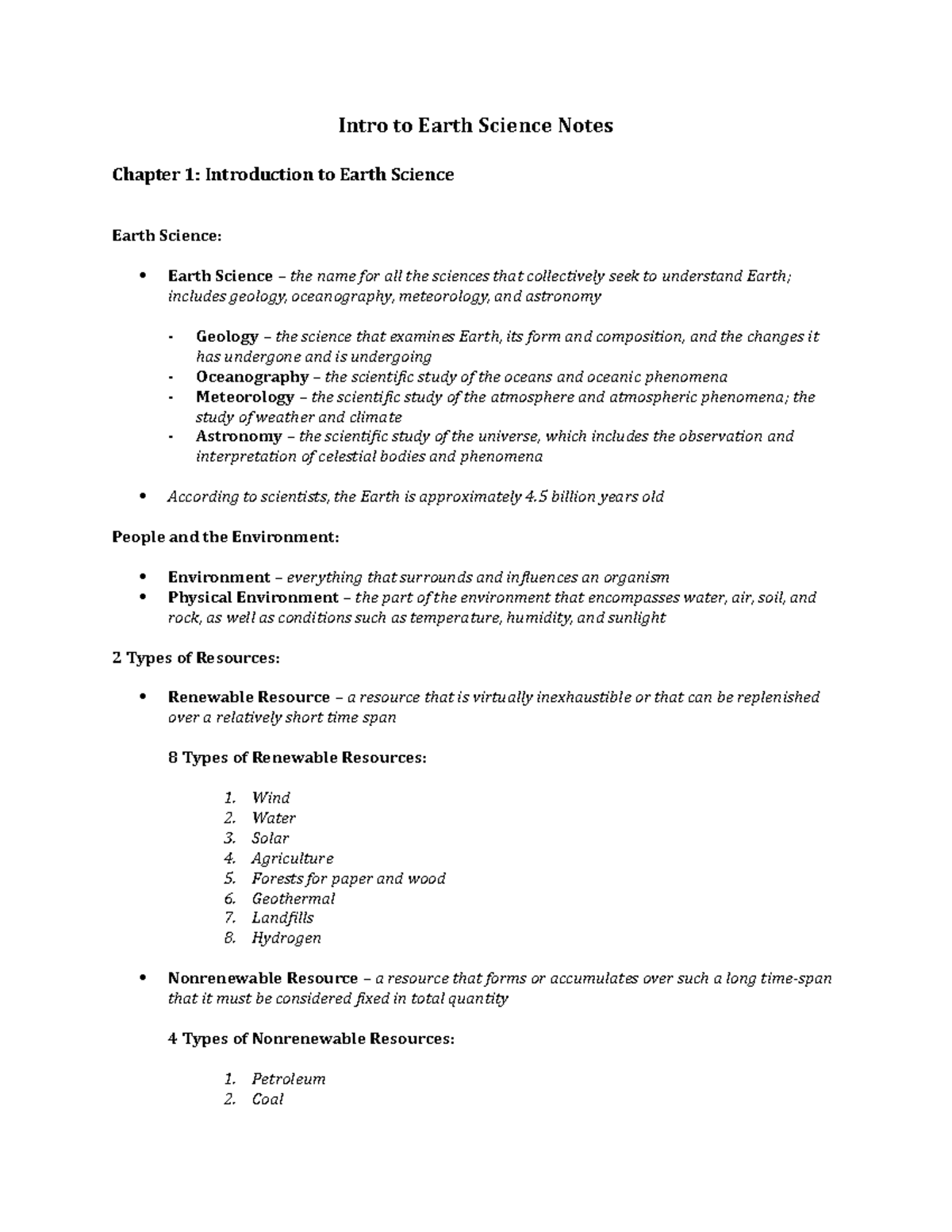 CH 1 Notes - Intro to Earth Science Notes Chapter 1: Introduction to ...