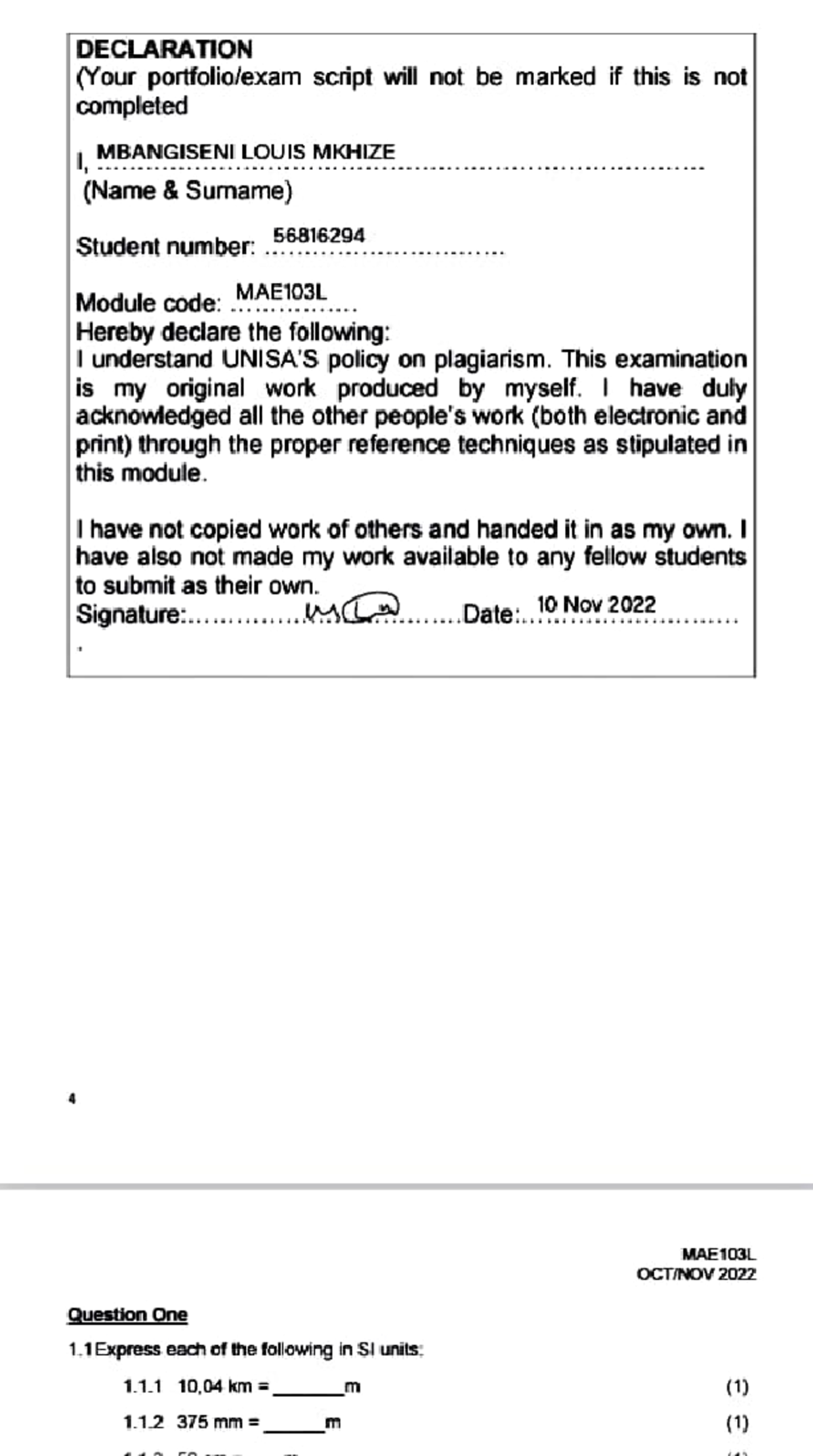 MAE103L EXAM 10NOV - DECLARATION (YOur portfolio/exam scipt will not be ...