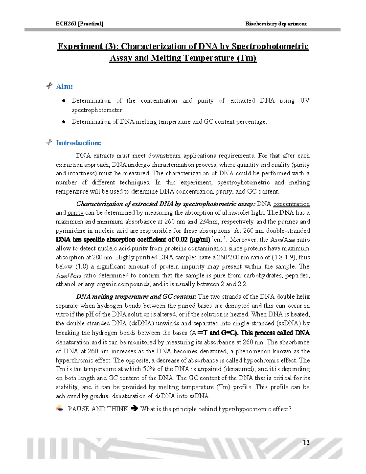 DNA Tm - Molecular Biology - BCH361 [Practical] Biochemistry department ...