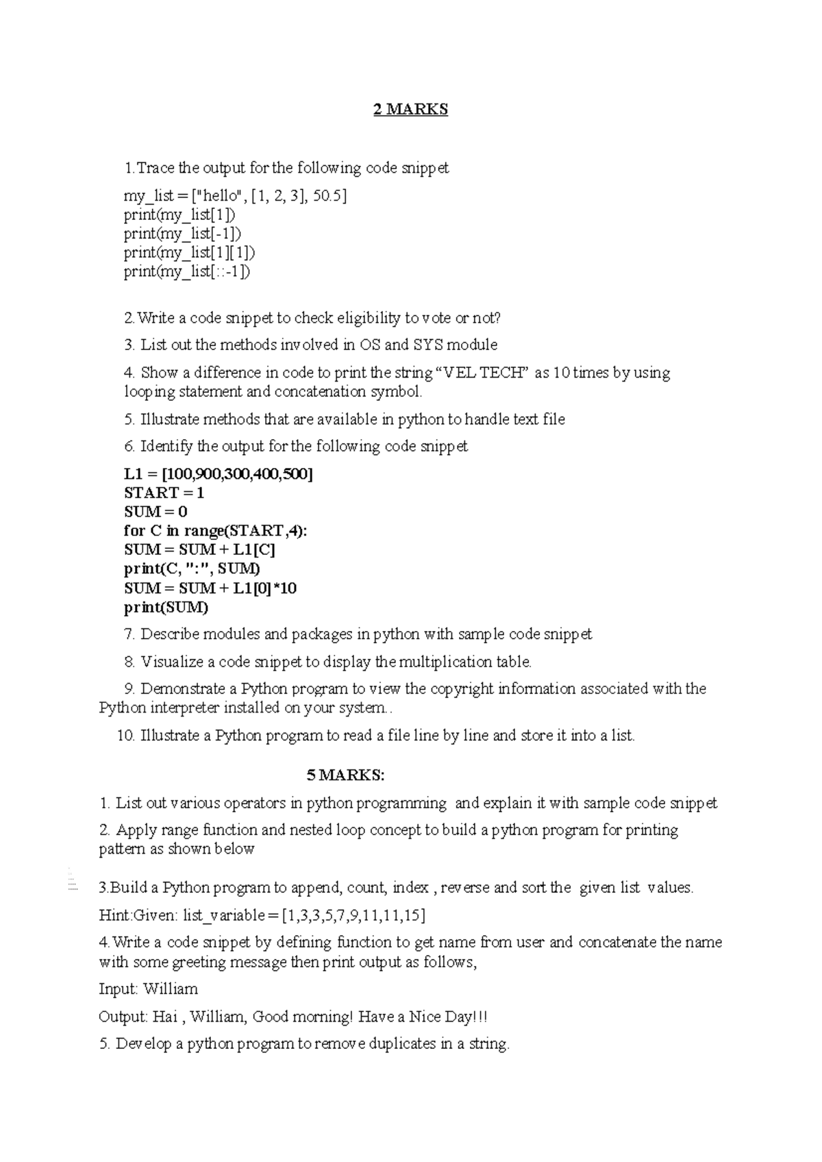 12python - 2 MARKS 1 the output for the following code snippet my_list = ["hello", [1, 2, - Studocu
