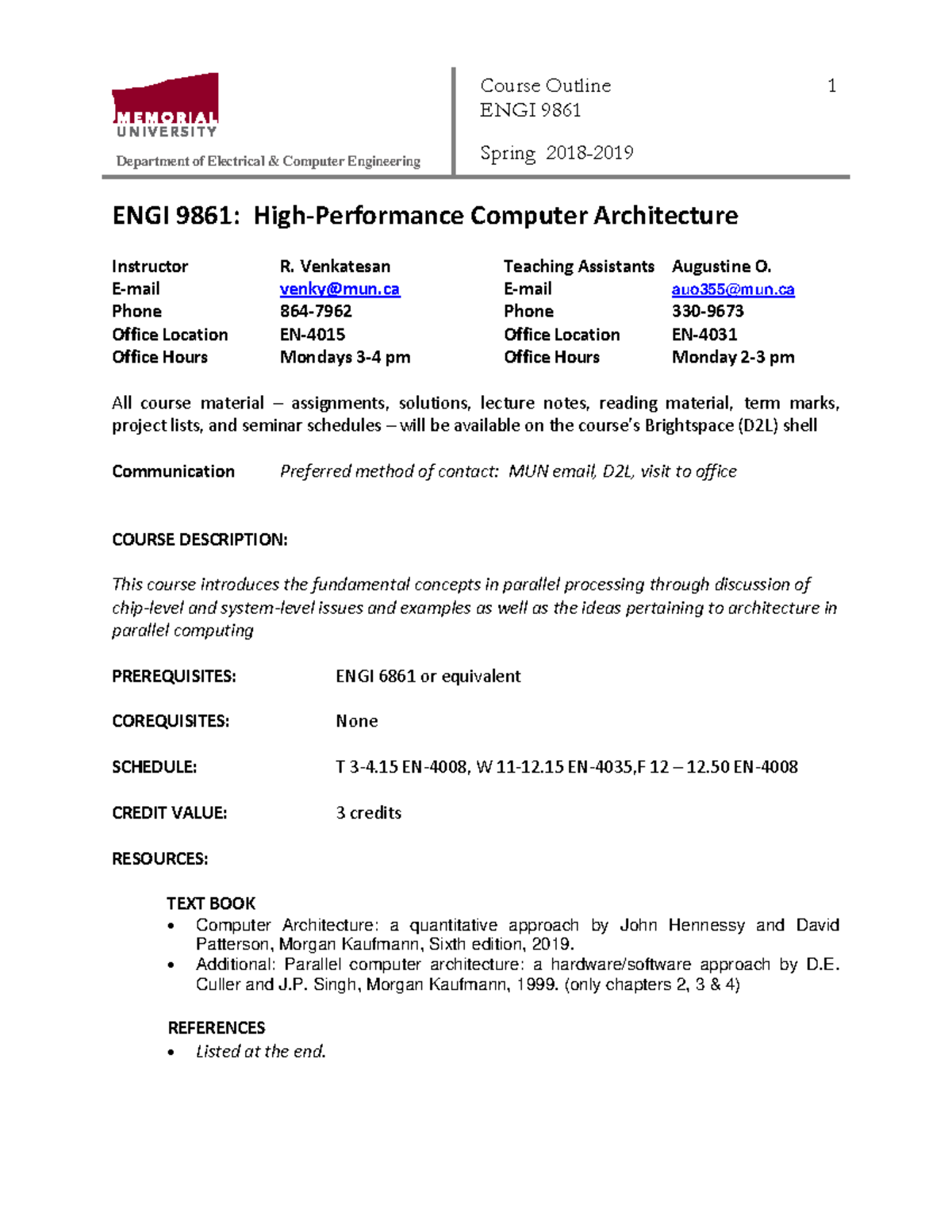 Outline - Department of Electrical & Computer Engineering ENGI 9861 Spring 2018- ENGI 9 861 ...