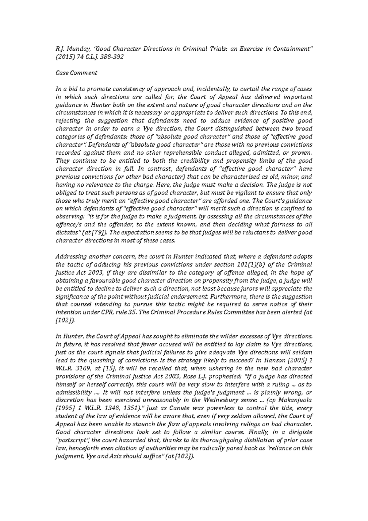 Good Character Directions in Criminal Trials- an Exercise in ...