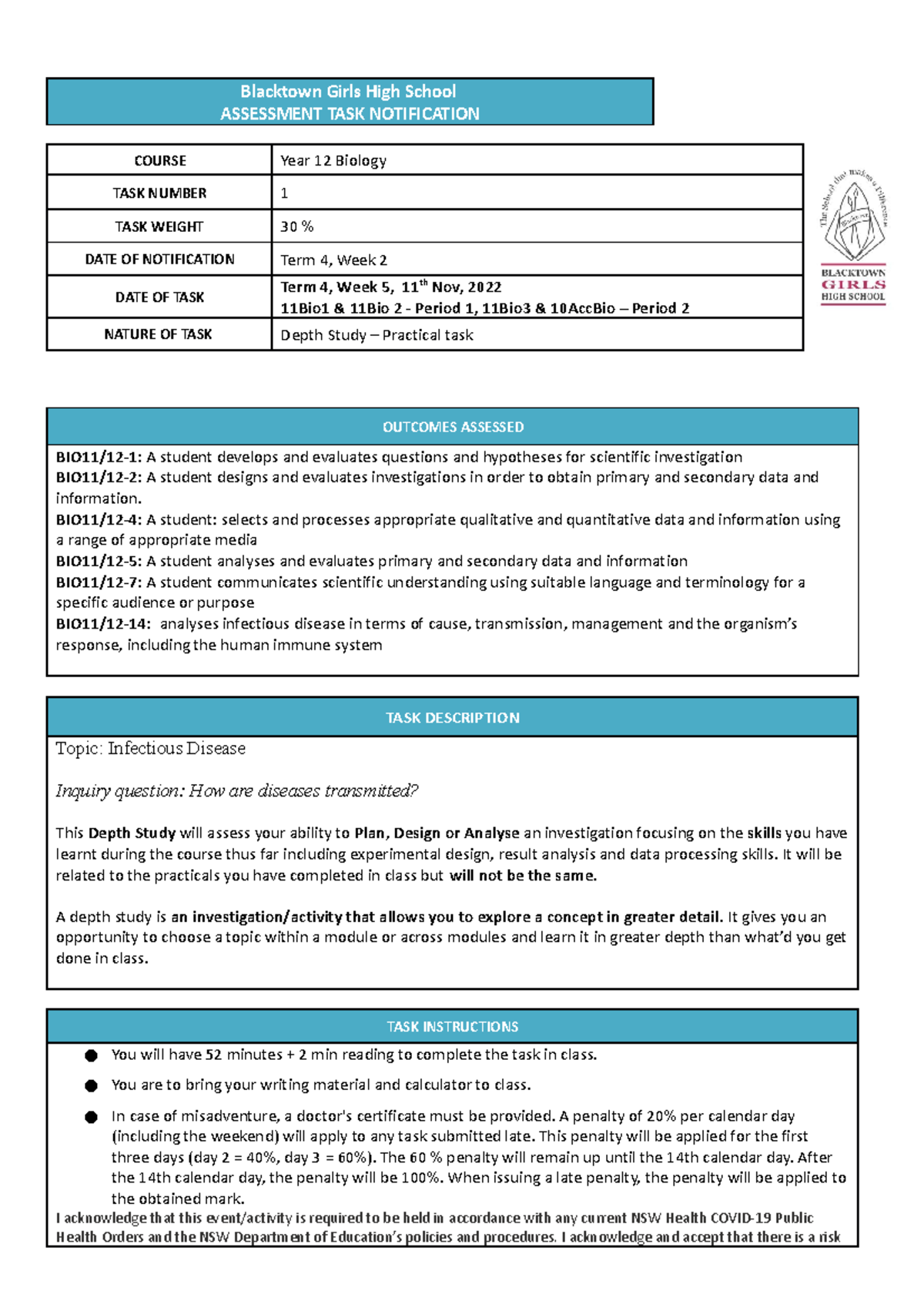 Notification practical task (1) 2022 - Blacktown Girls High School ...