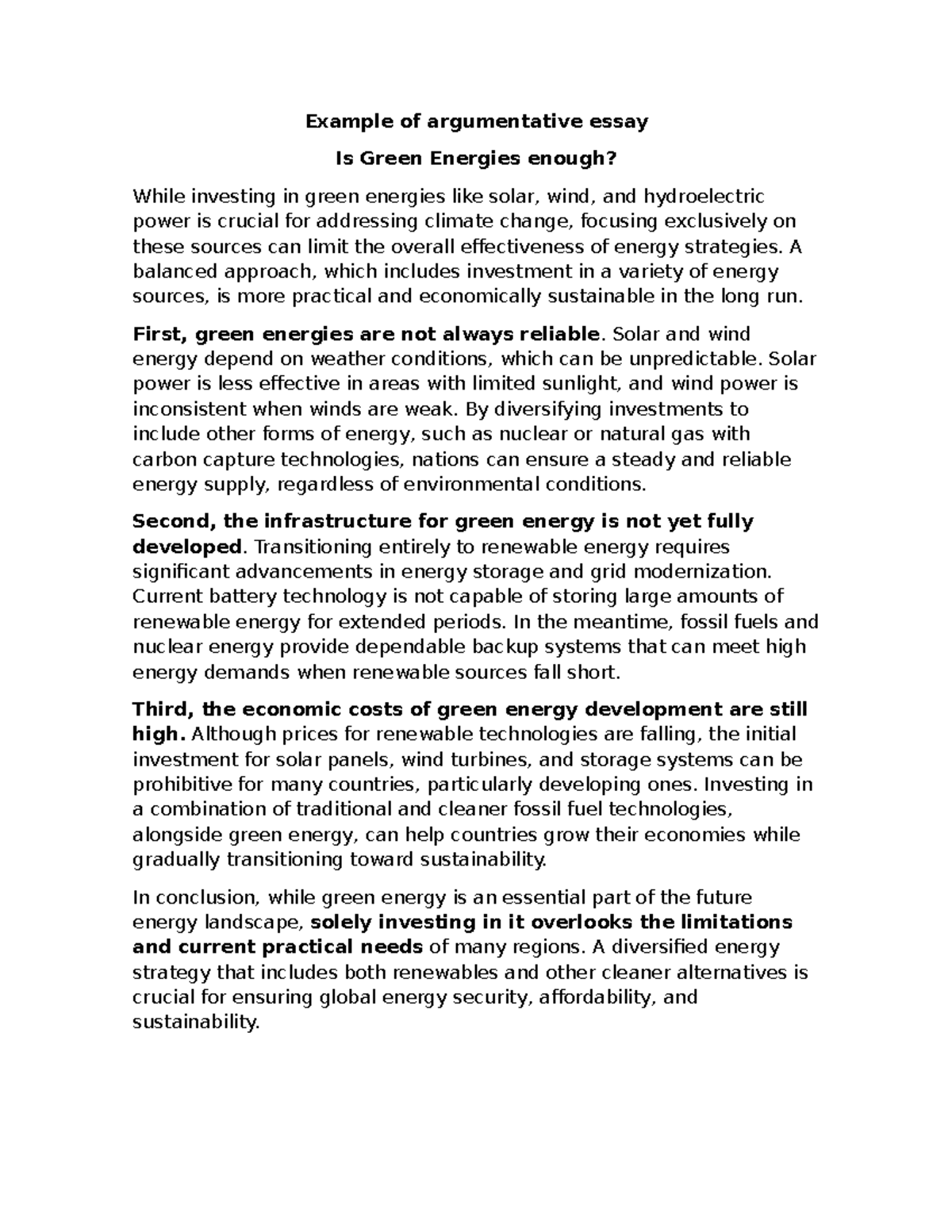Argumentative Essay green energy - Example of argumentative essay Is ...