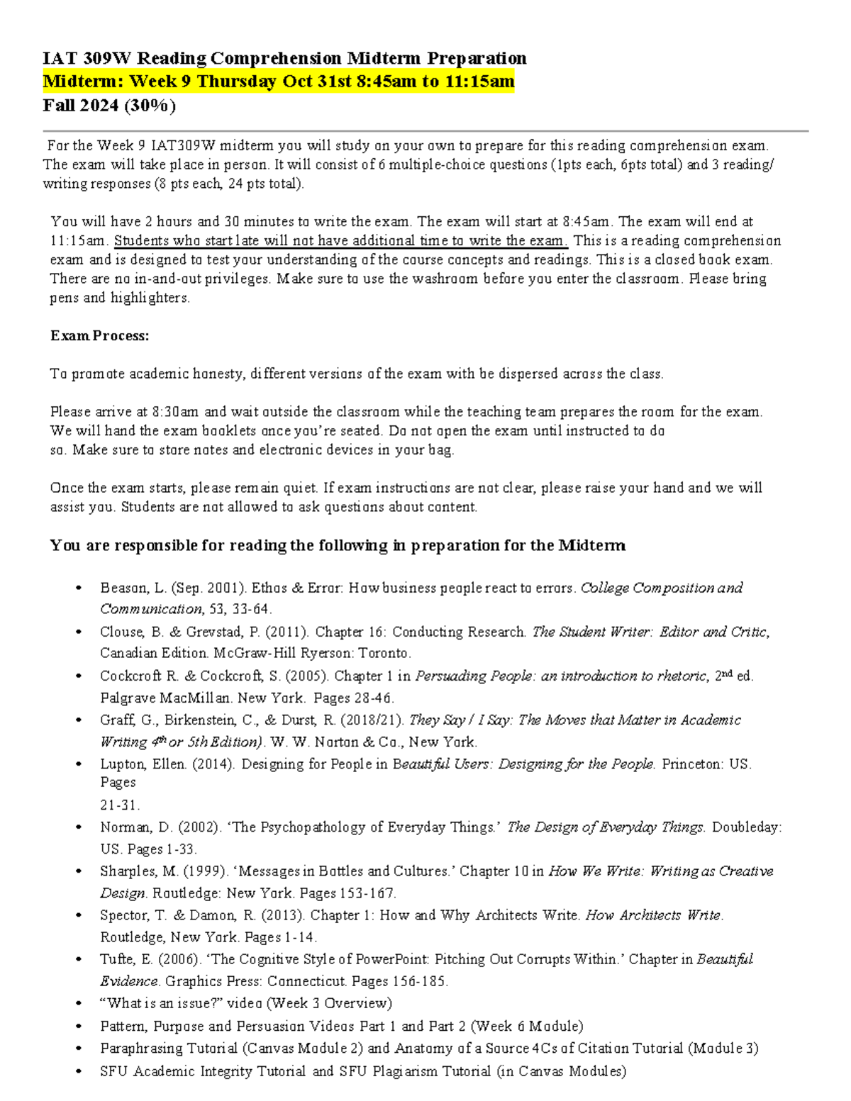 Midterm prep sheet IAT309W - IAT 309W Reading Comprehension Midterm ...