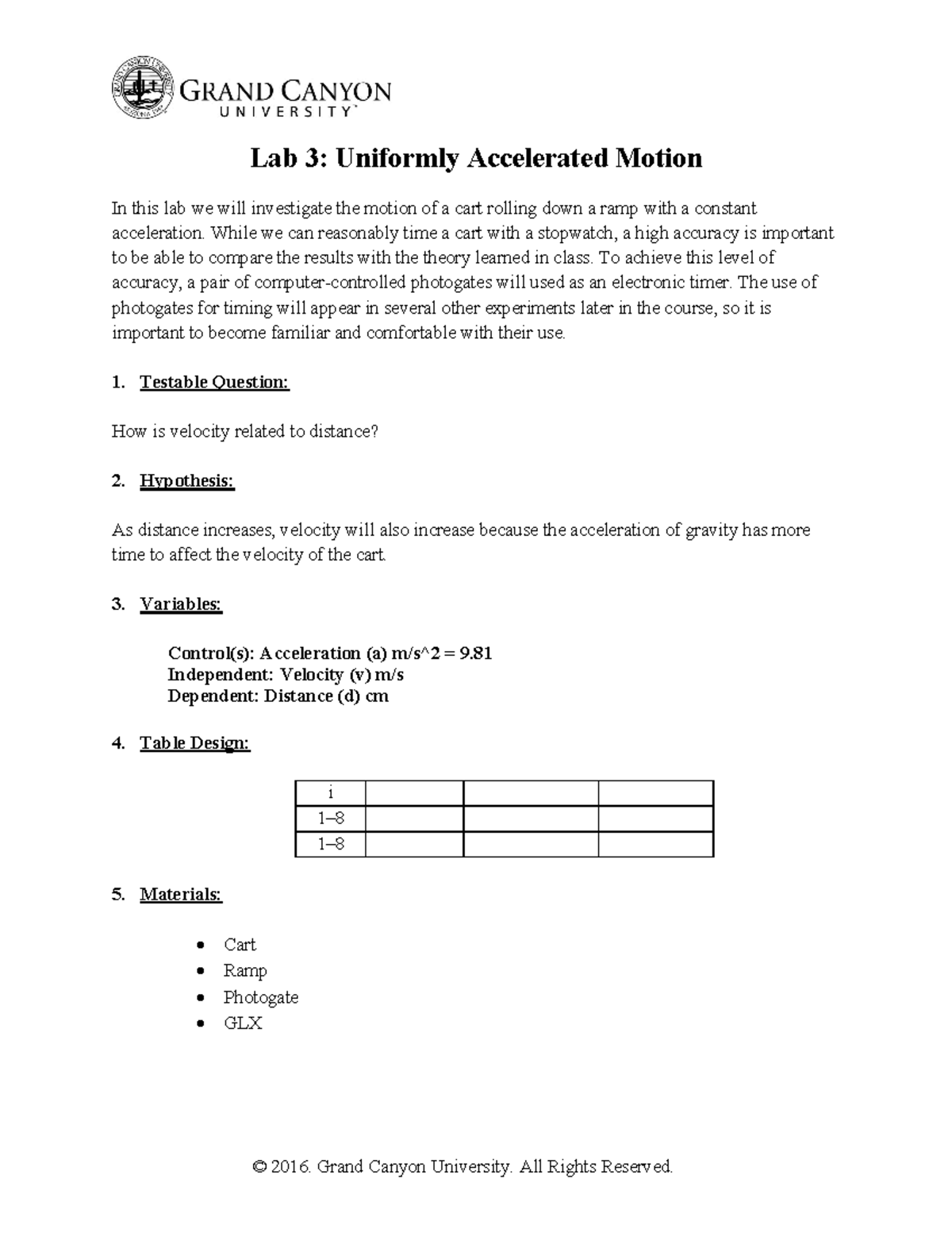 Dveen Lab 3 Uniformly Accelerated Motion - Lab 3: Uniformly Accelerated ...