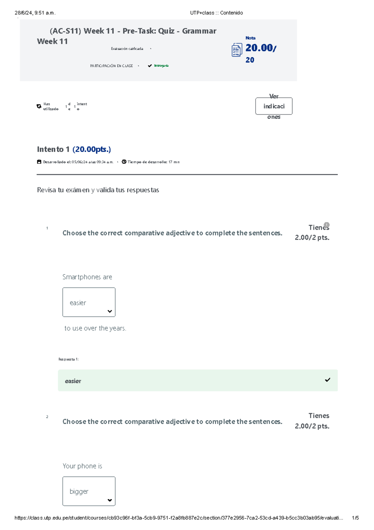 Ingles III Semana 11 - 🔴 (AC-S11) Week 11 - Pre-Task: Quiz - Grammar Week 11 - Intento 1 (20 ...