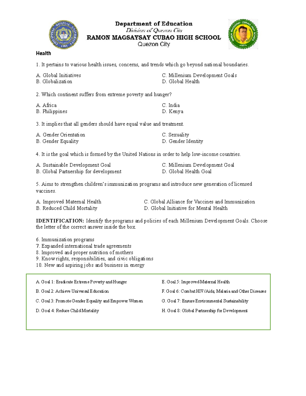 Health unit test - Health 1. It pertains to various health issues ...