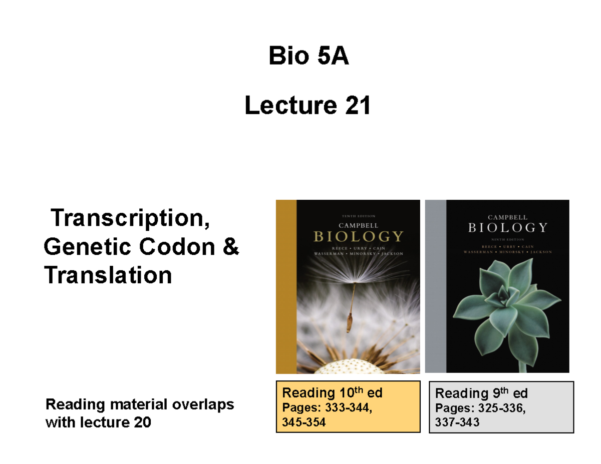 Bio5A Lecture 21 Transcription Translation-Genetic Code - Bio 5A ...