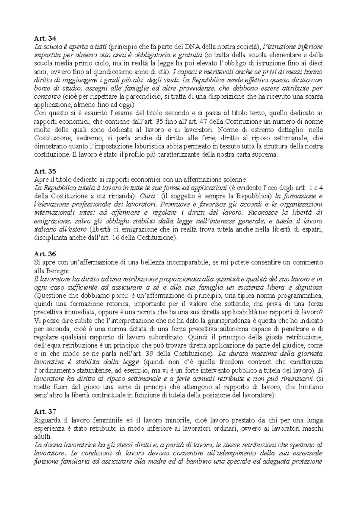 Analisi Art. 34, 35, 36, 37, 38, 39 Costituzione Italiana - Art. 34 La ...