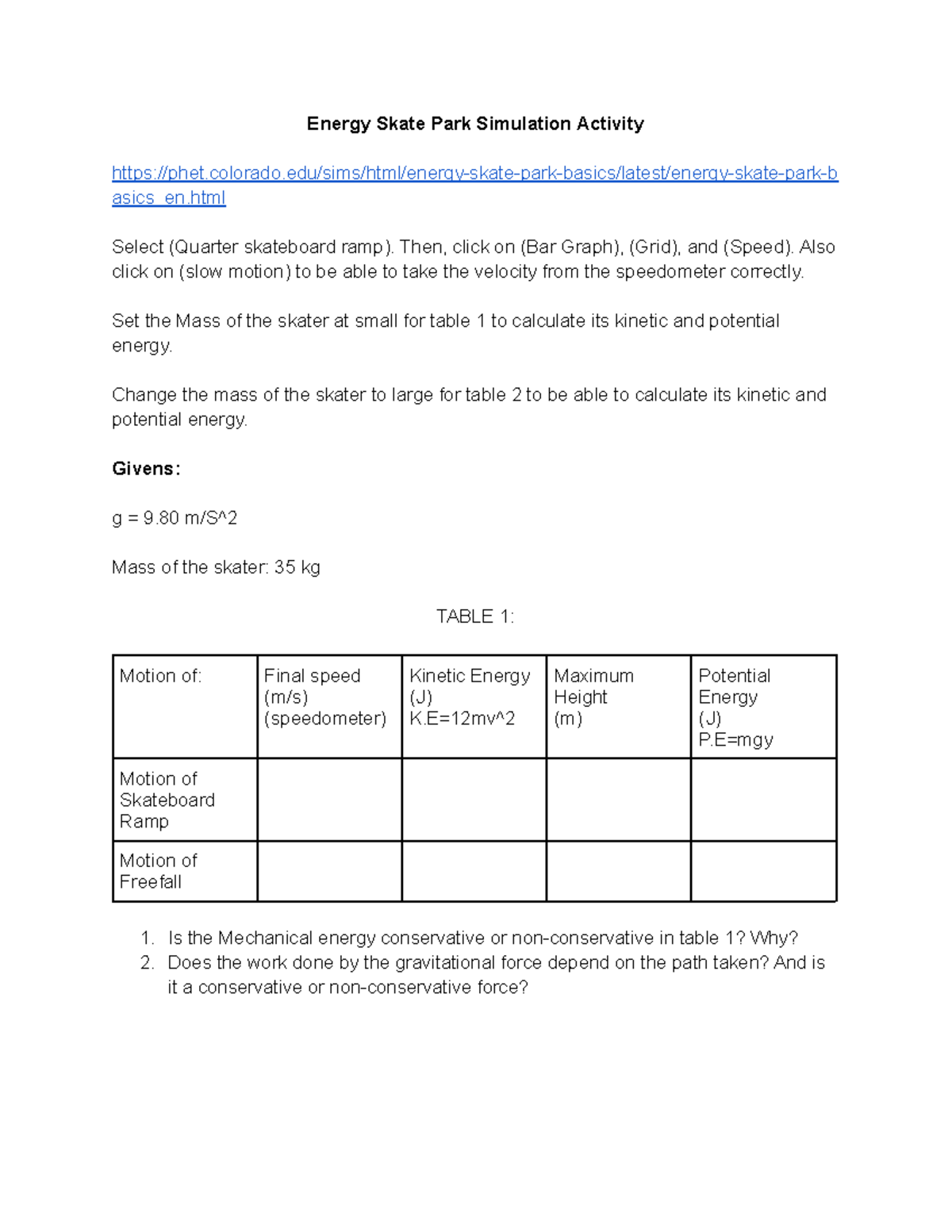 Energy Skate Park Simulation Activity - - Studocu