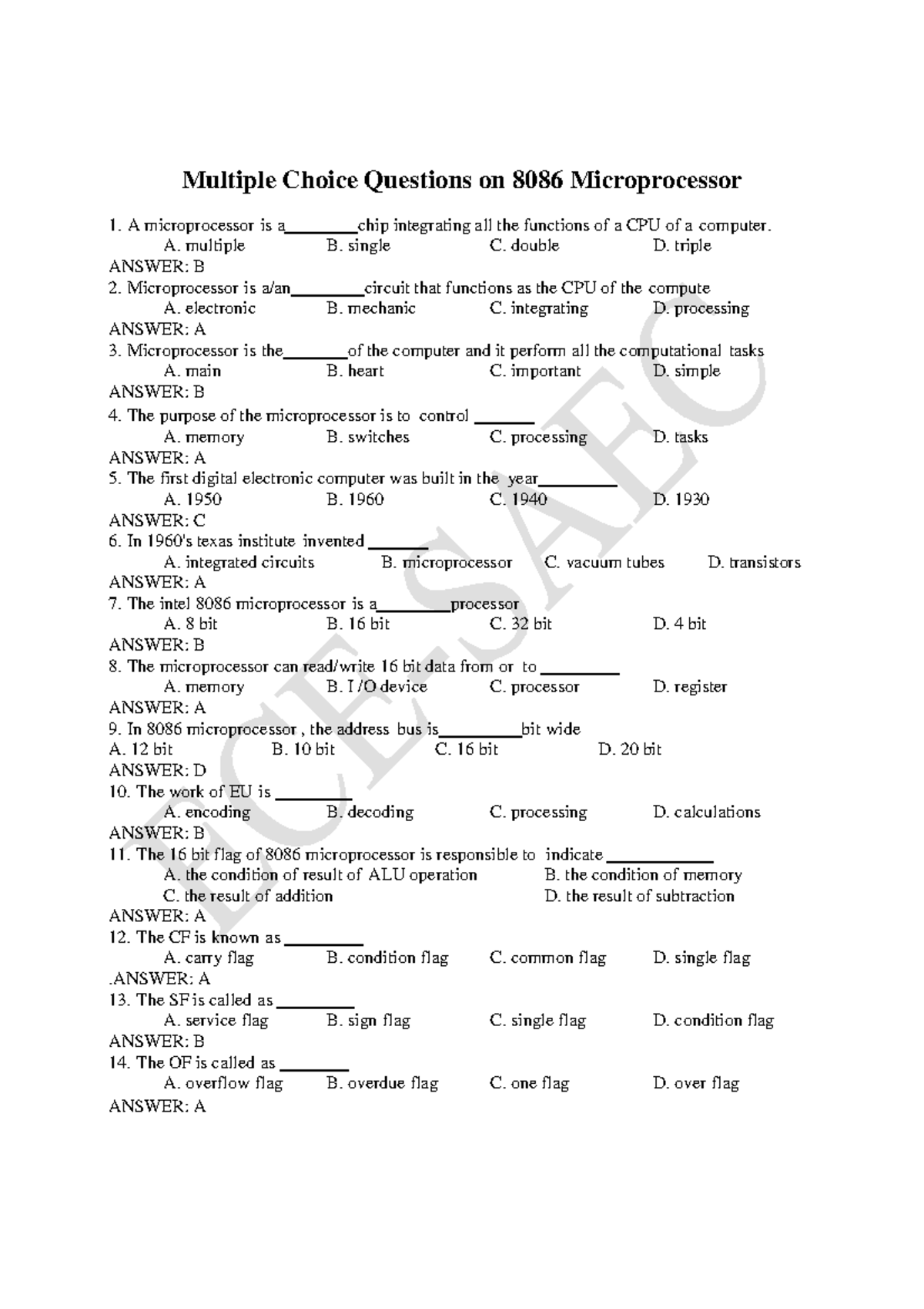 Multiple Choice Revision Questions On 8086Microprocessor ANSWER A Multiple Choice Revision Questions On 8086Microprocessor ANSWER A