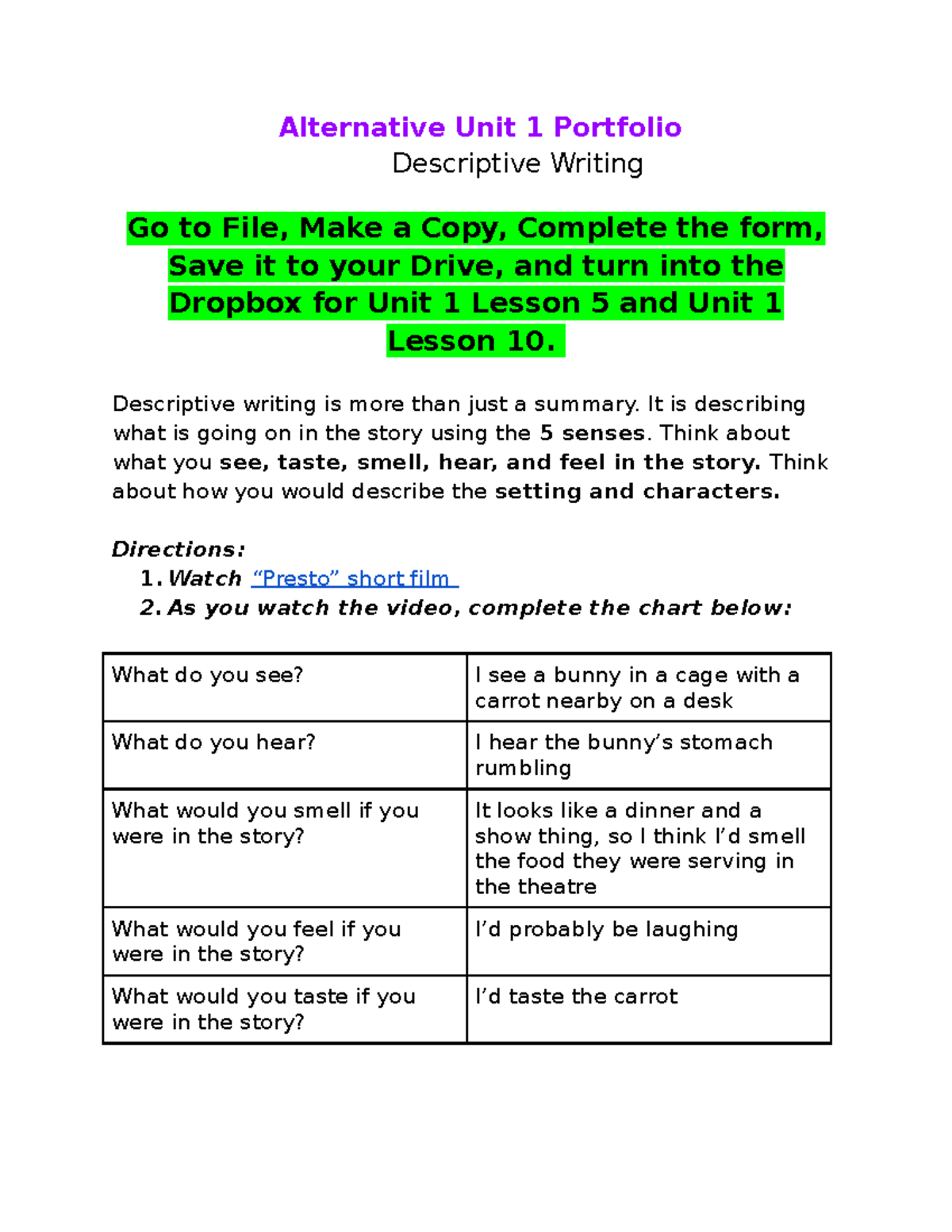 Alternative Portfolio Unit 1 - Alternative Unit 1 Portfolio Descriptive ...