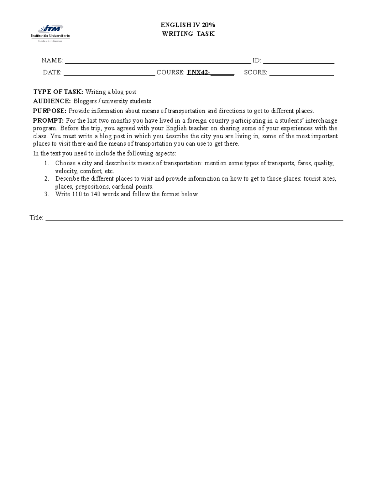 Level 4 Writing of english for students - Inglés IV - ITM - Studocu