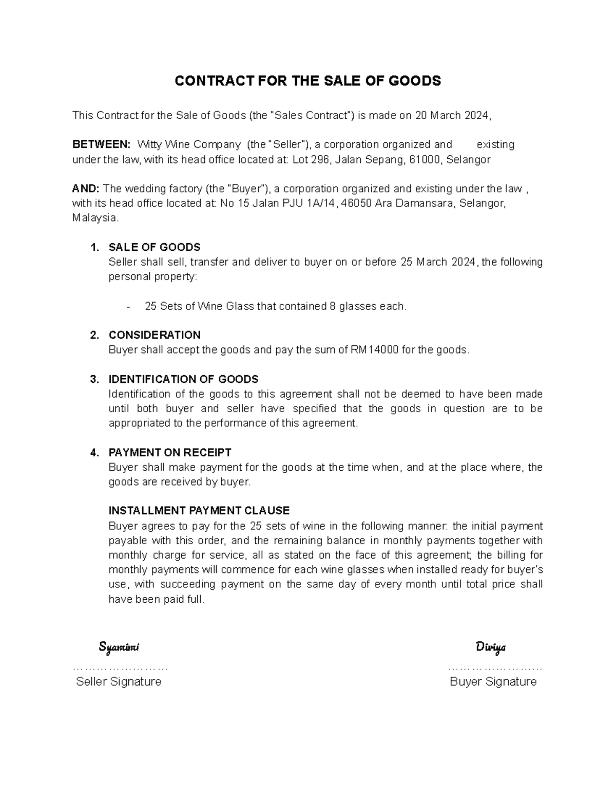 Untitled document - contract of sales - CONTRACT FOR THE SALE OF GOODS ...