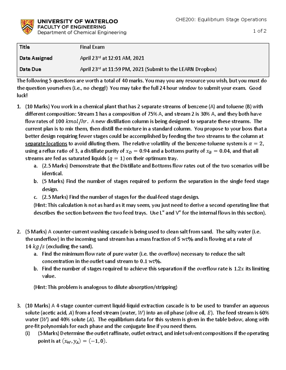 CHE 200 - Final Exam - CHE200: Equilibrium Stage Operations 1 of 2 ...