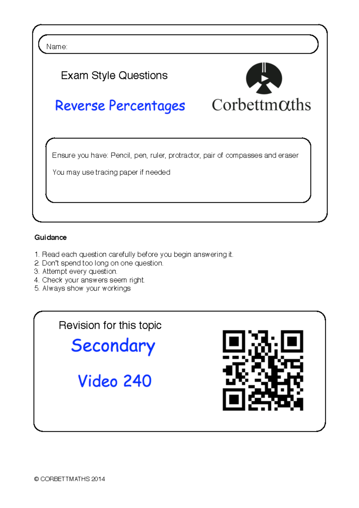 Reverse-percentages questions - Name: Exam Style Questions Ensure you ...