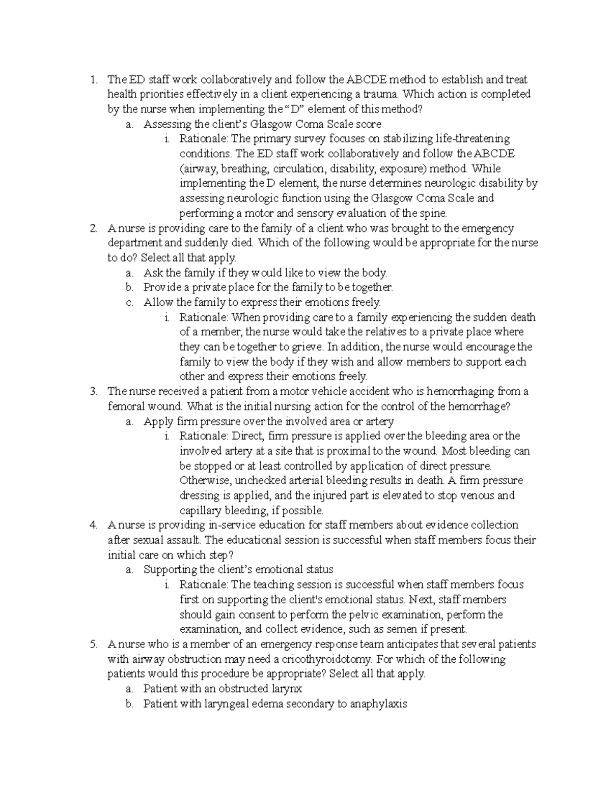 practice questions - The ED staff work collaboratively and follow the ABCDE method to establish ...