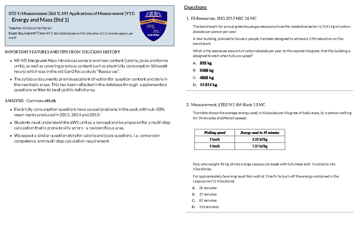 Energy and Mass - maths - STD 1: Measurement (Std 1), M1 Applications ...