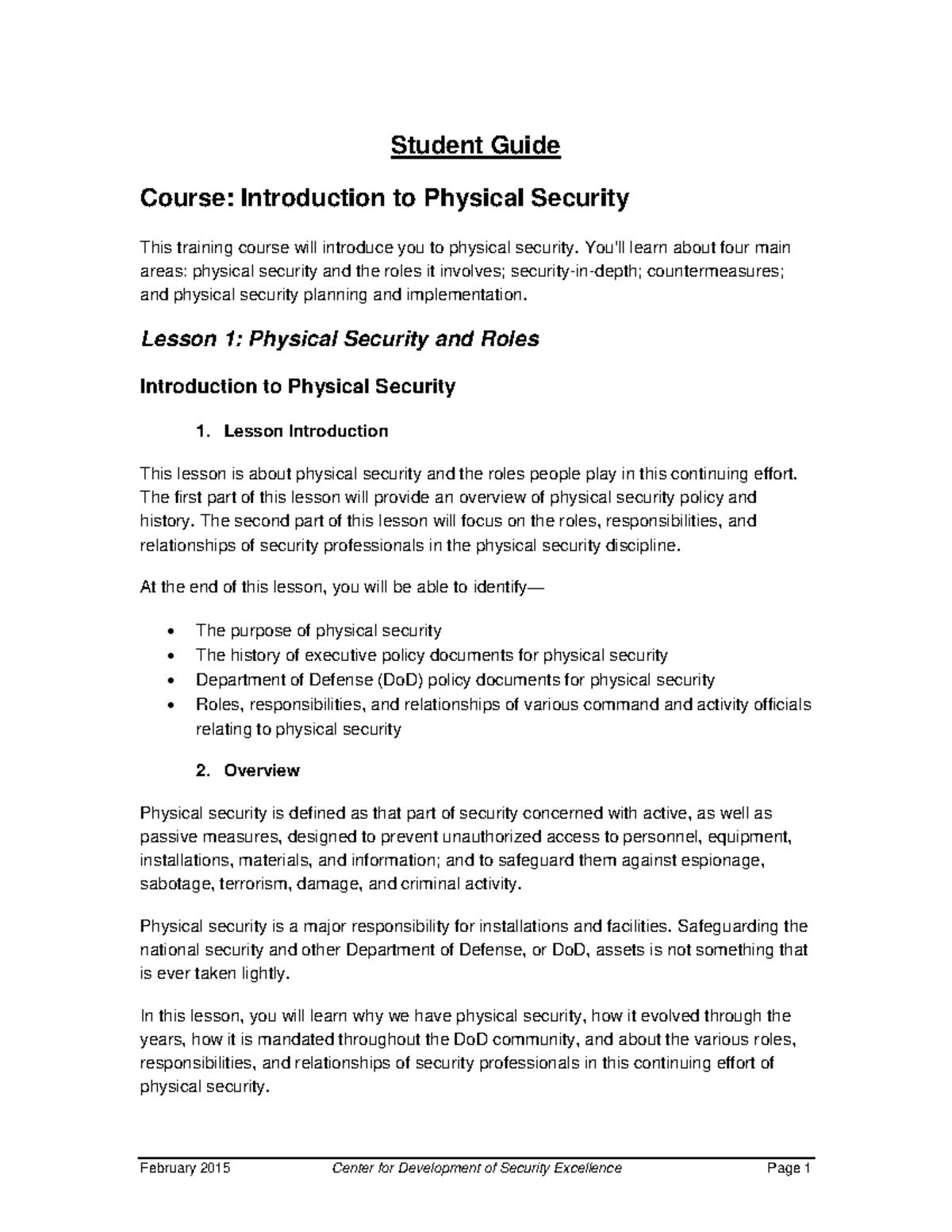 Physical Security Training - Student Guide Course: Introduction to Physical Security This ...