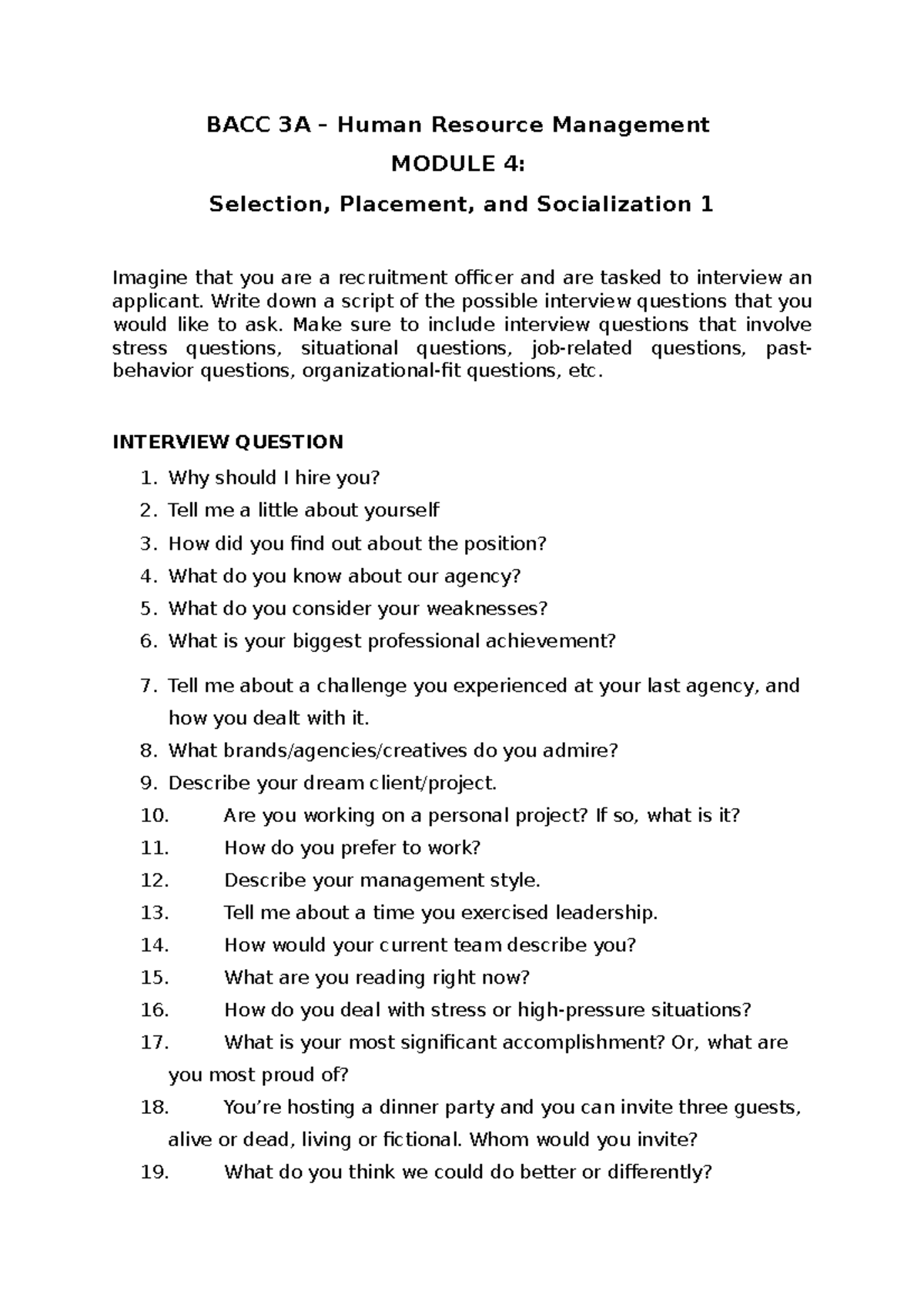 BACC 3 A - Human Resource Management - Module 4 - Selection, Placement ...