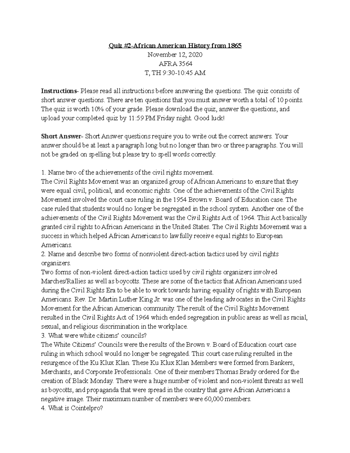 Quiz #2-African American History from 1865 - The quiz consists of short ...