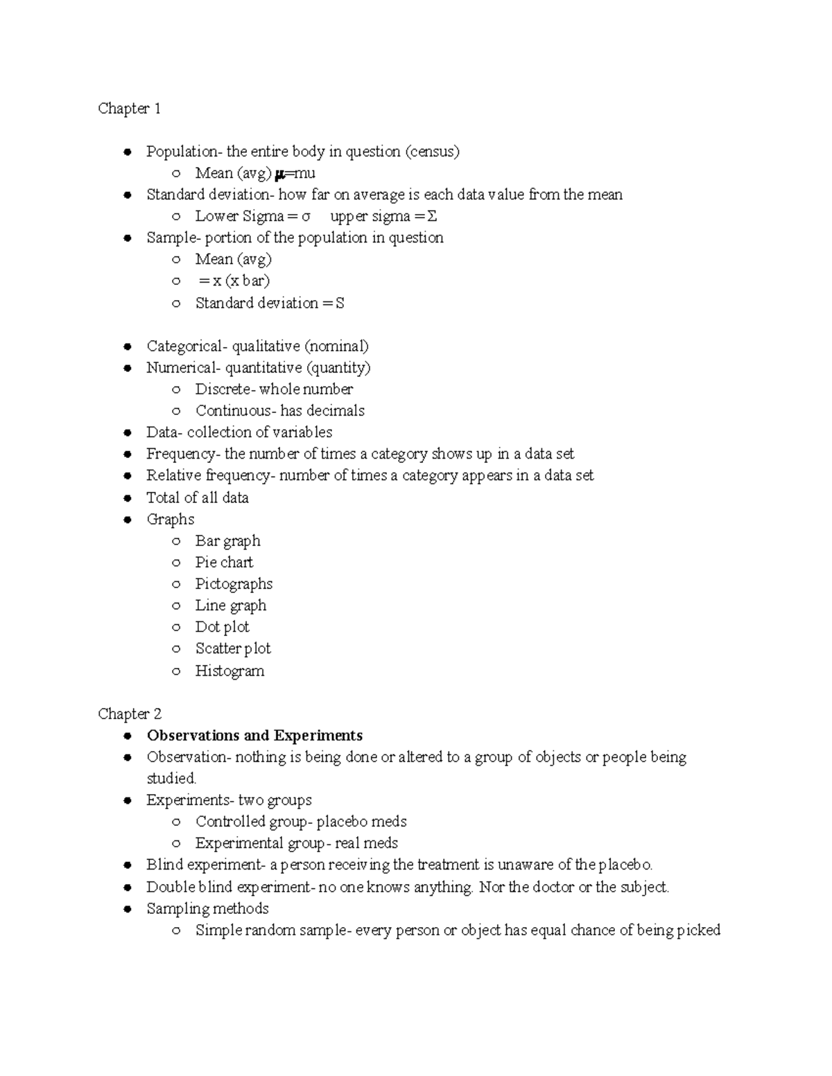 Statistics notes - Chapter 1 Population- the entire body in question ...