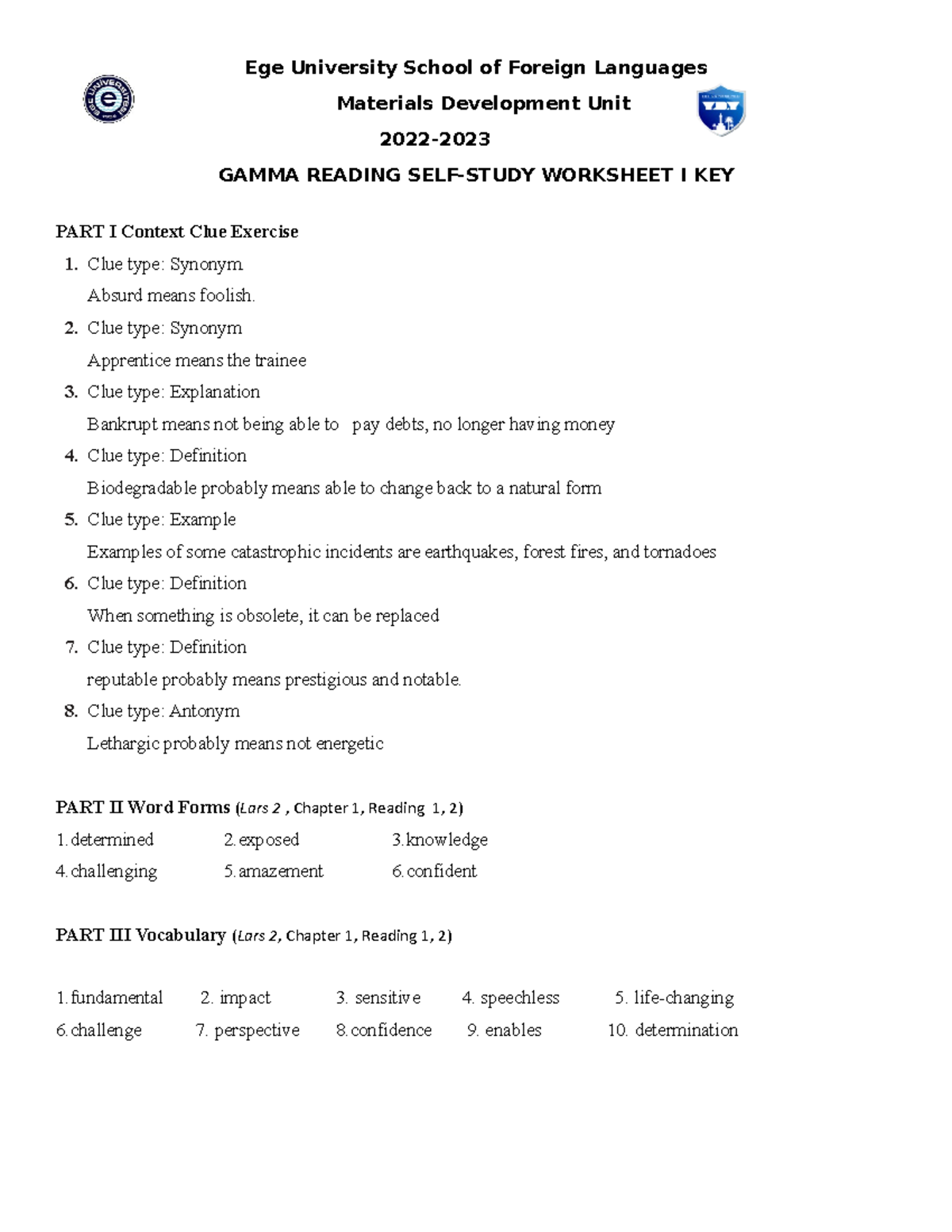 Gamma Reading Worksheet 1 KEY - Ege University School of Foreign ...