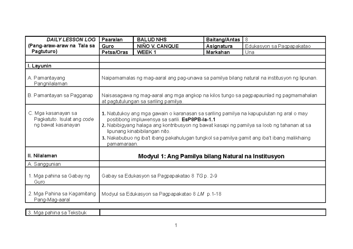 DLL ESP 8 Modyul 1 - ESP - DAILY LESSON LOG (Pang-araw-araw na Tala sa Pagtuturo) Paaralan BALUD ...