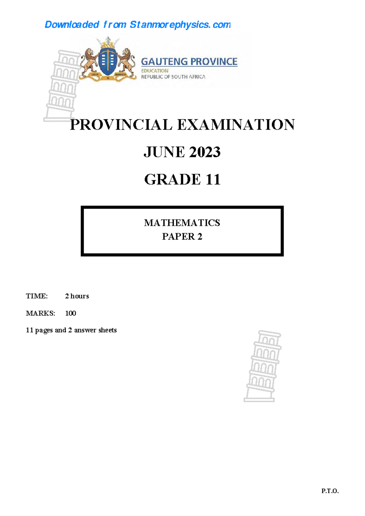 GP Maths Grade 11 June 2023 P2 and Memo - P.T. PROVINCIAL EXAMINATION ...