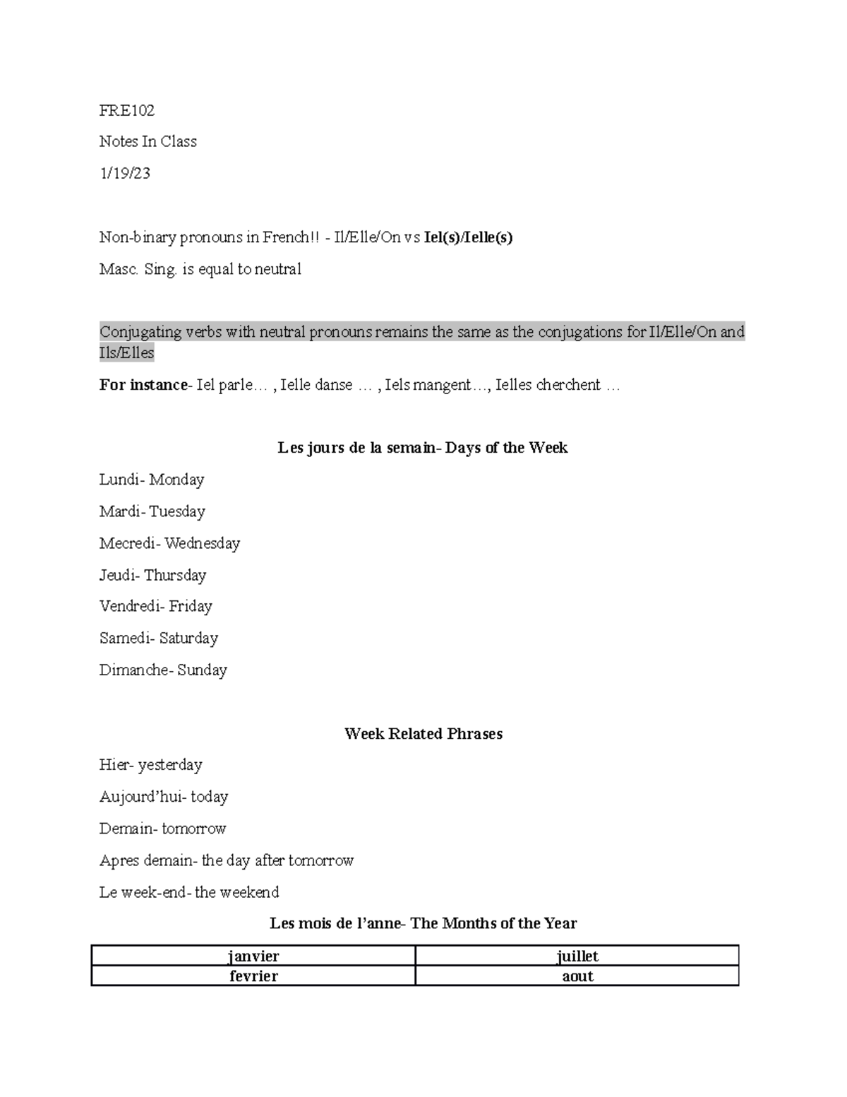 French 102 Notes 2- In Class - FRE Notes In Class 1/19/ Non-binary ...