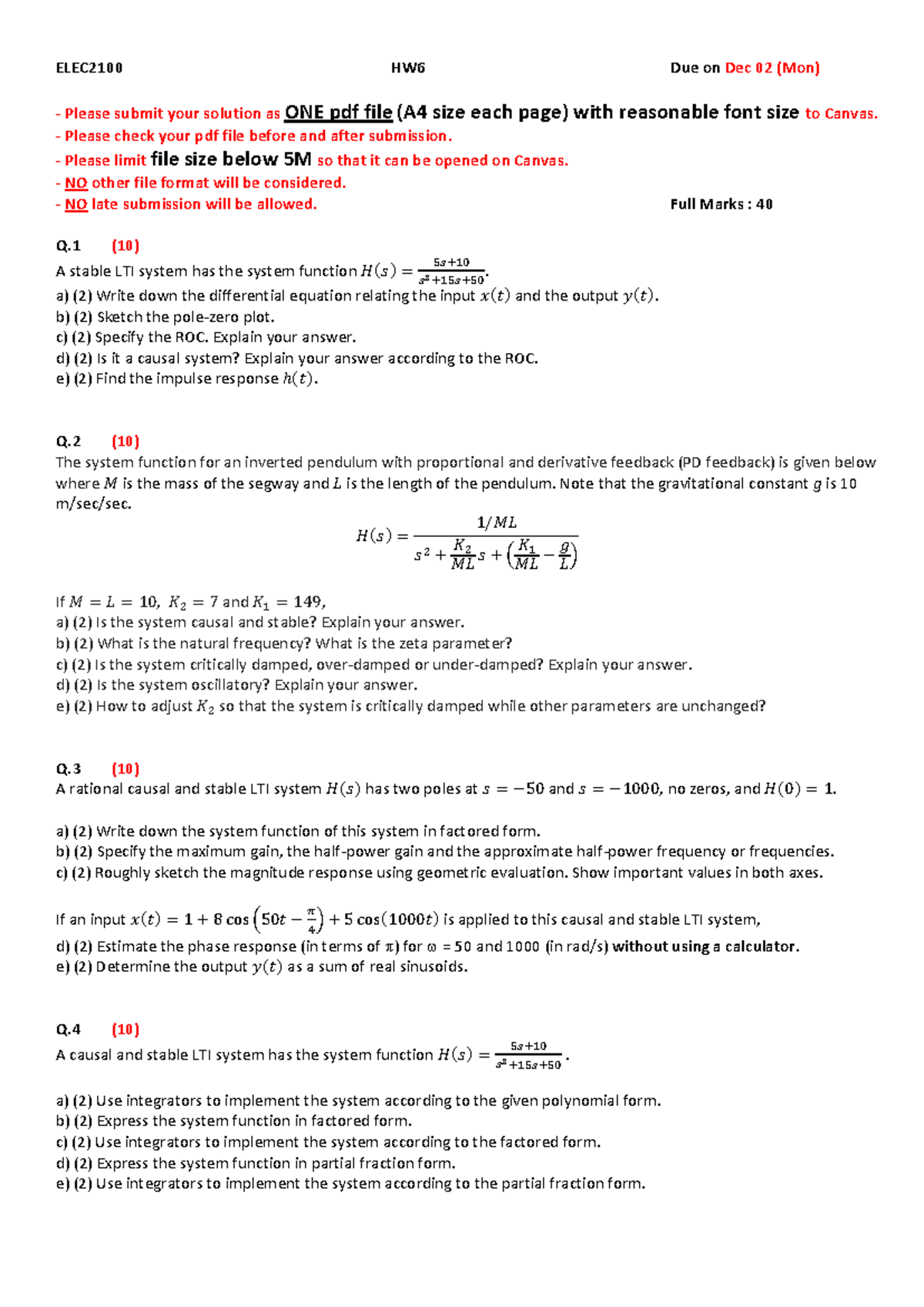 HW6 LT - electronic signal - ELEC2100 HW6 Due on Dec 02 (Mon) - Please submit your solution as ...