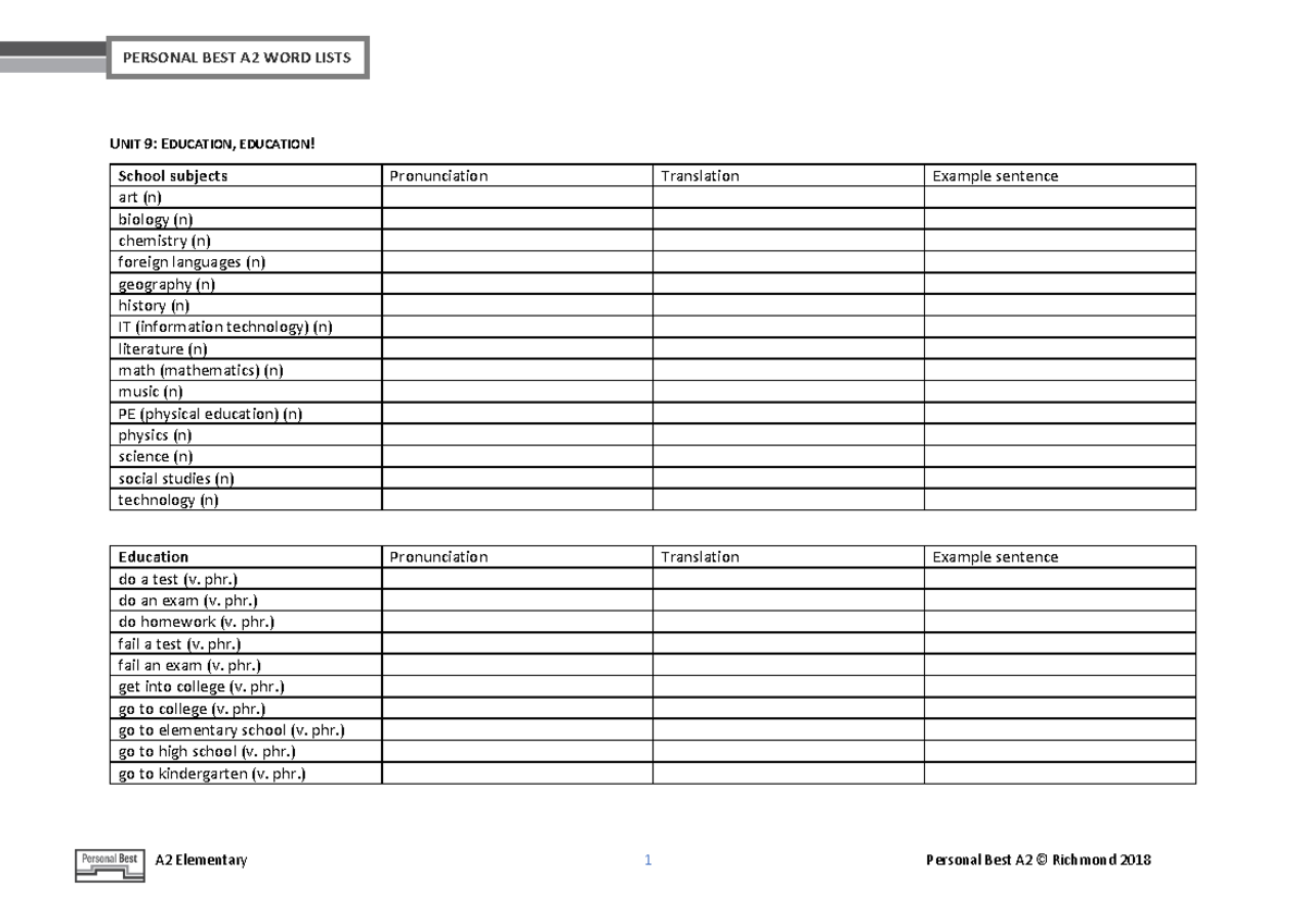 On education - Vocabulario - A2 Elementary 1 Personal Best A2 ...