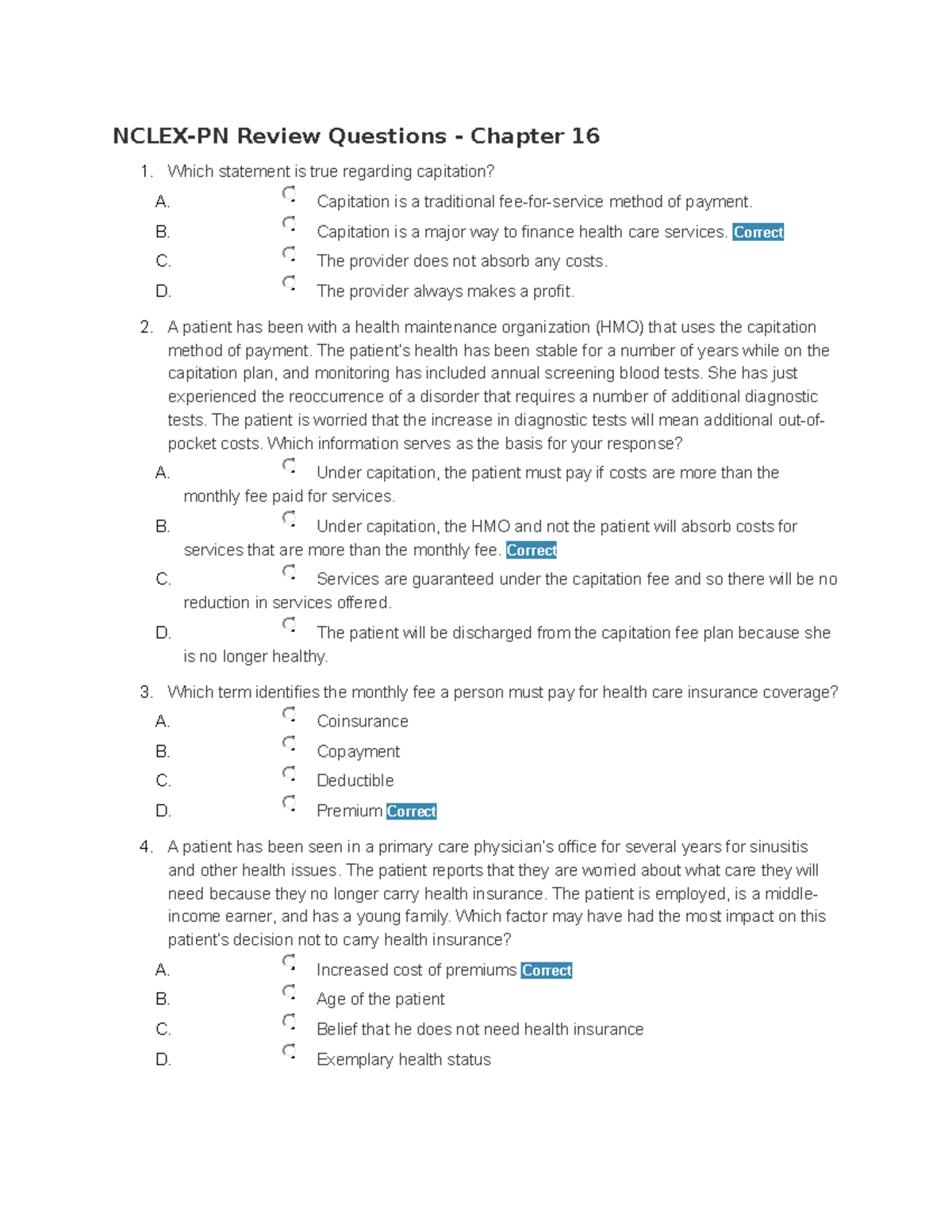 Chapter 16 Evolve Answer Key - NCLEX-PN Review Questions - Chapter 16 ...