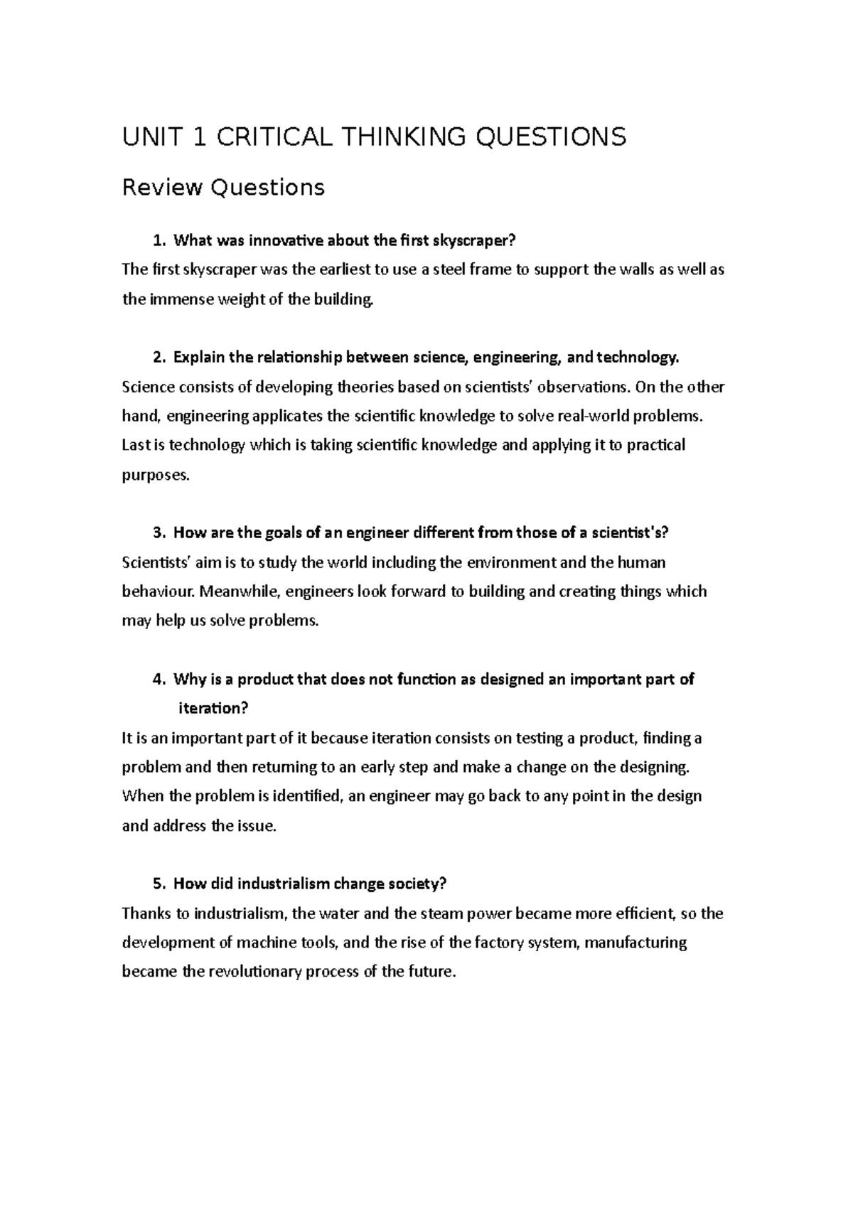 Dual Diploma UNIT 1 Criticalthinkingquestionsconceptsof Engineeringand ...