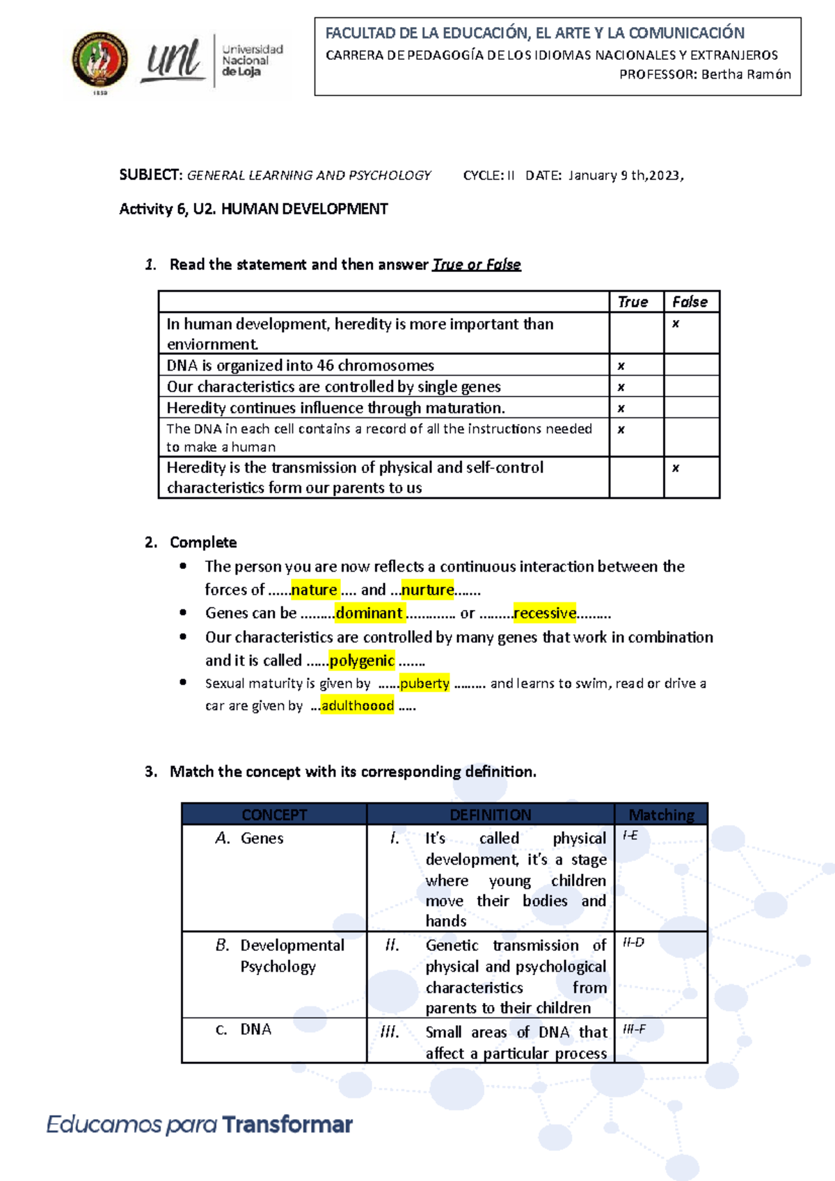 A6,U2 Human developement - SUBJECT: GENERAL LEARNING AND PSYCHOLOGY ...