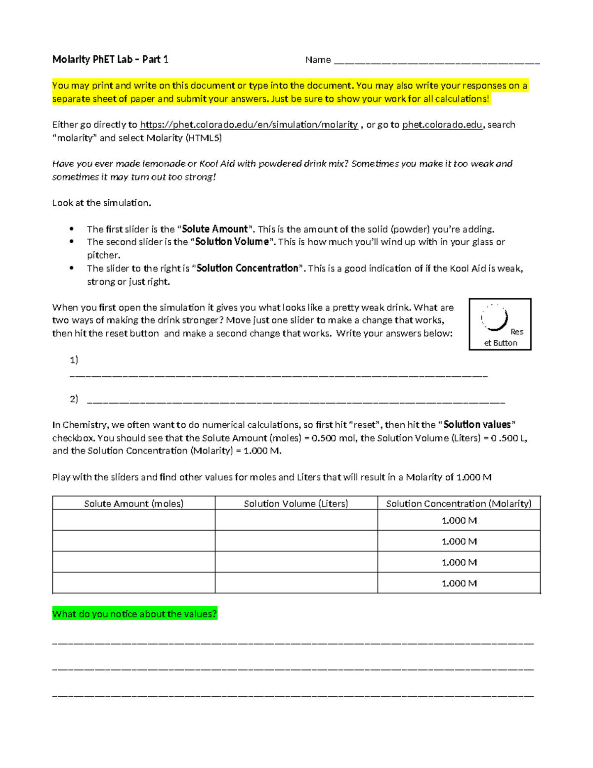 Solutions and Molarity Ph ET Simulation Lab - Molarity PhET Lab – Part ...