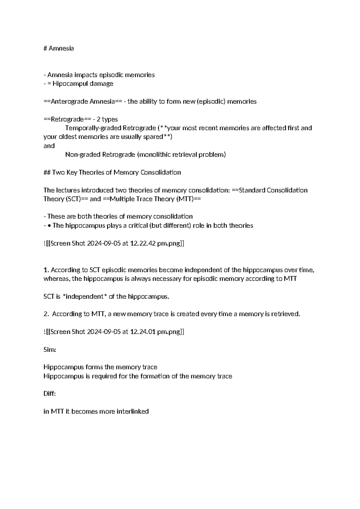 Amnesia notes - Amnesia Amnesia impacts episodic memories = Hipocampul ...