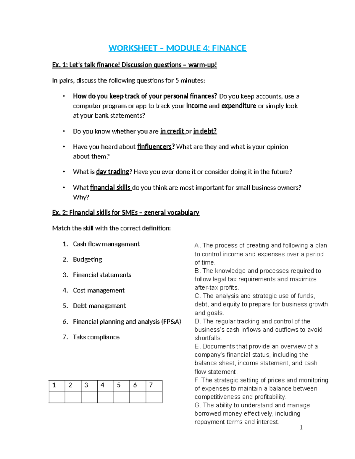 Worksheet module 4 - Finance - WORKSHEET – MODULE 4: FINANCE Ex. 1: Let’s talk finance ...
