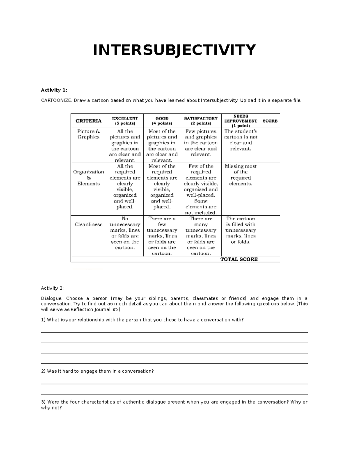 Intersubjectivity - assignment - INTERSUBJECTIVITY Activity 1 ...